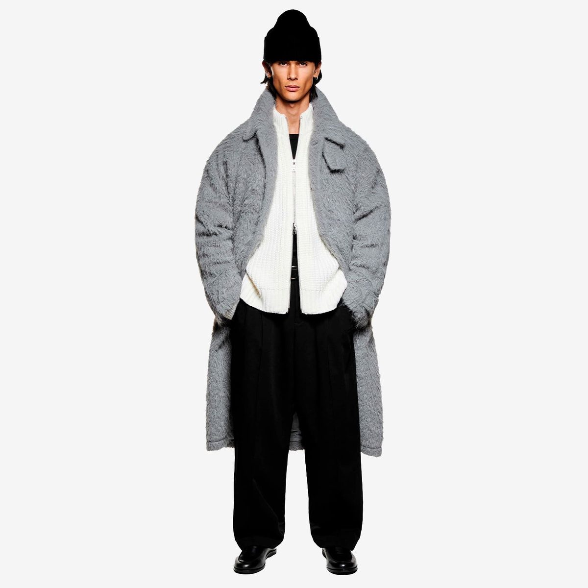 MKI Men's Faux Alpaca Car Coat in Light Grey MKI Miyuki-Zoku
