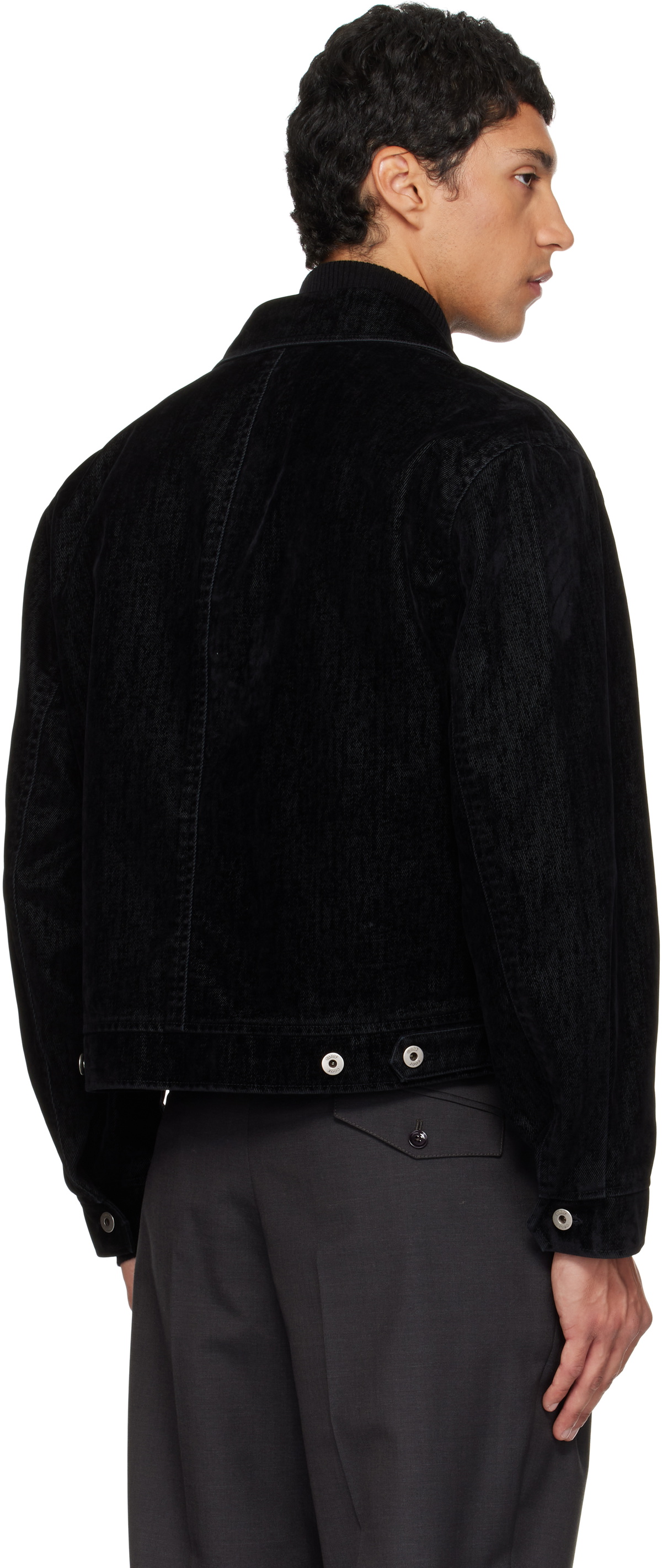 COOR Black Double Pocket Trimming Collar Velvet Denim Jacket COOR