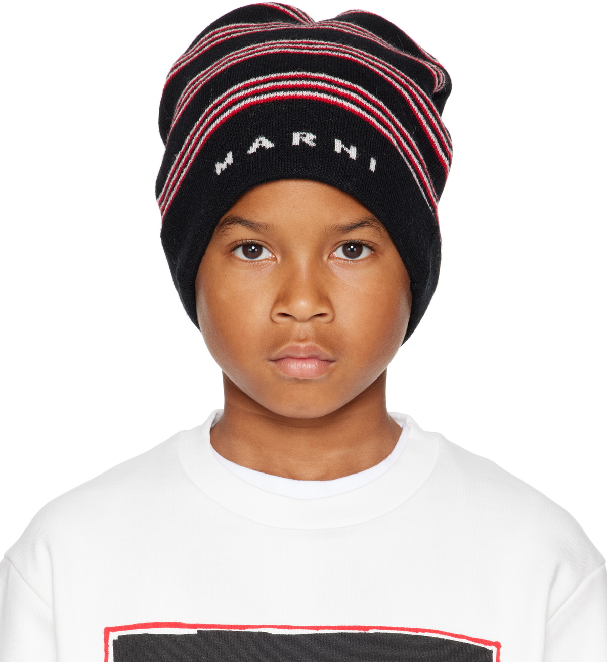 Marni Kids Black Knit Wool Mix Stripes Beanie Marni