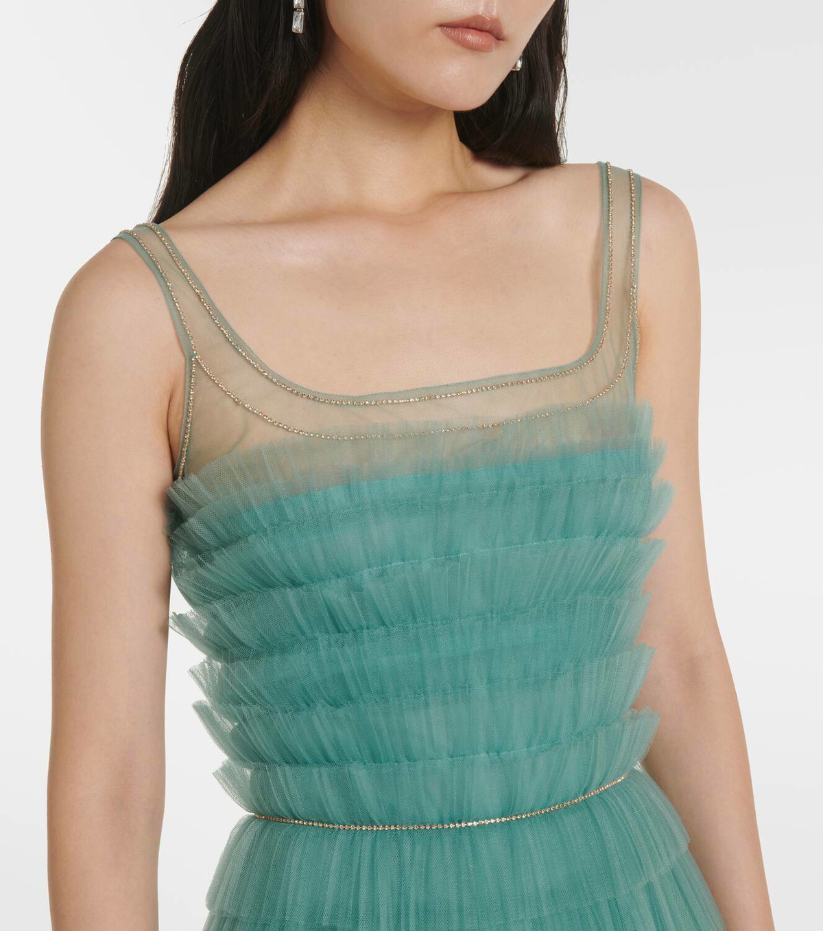 Costarellos Kali embellished tulle-trimmed plissé gown Costarellos