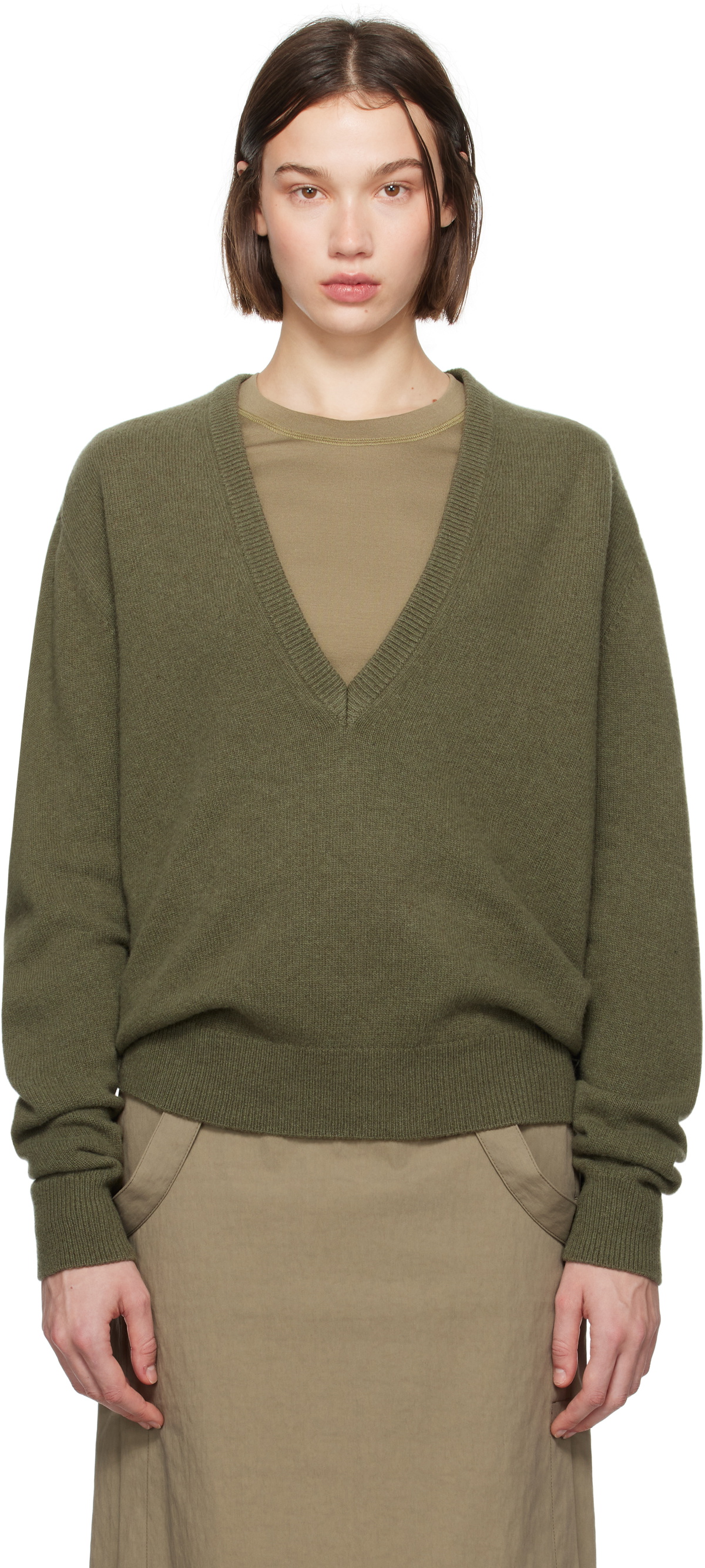 LEMAIRE Green Deep V-Neck Sweater Lemaire