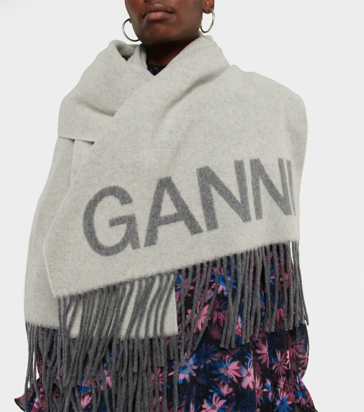 Ganni - Logo fringed wool scarf GANNI