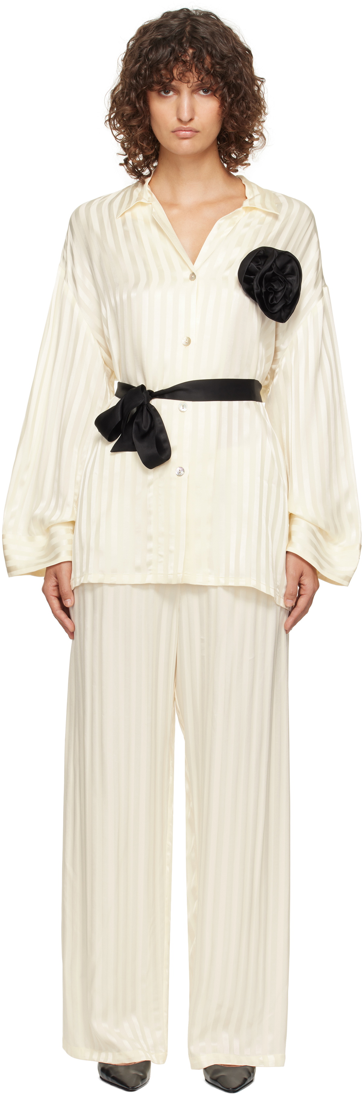 Sleeper Off-White Rose Oversized Satin Pyjama Set Sleeper