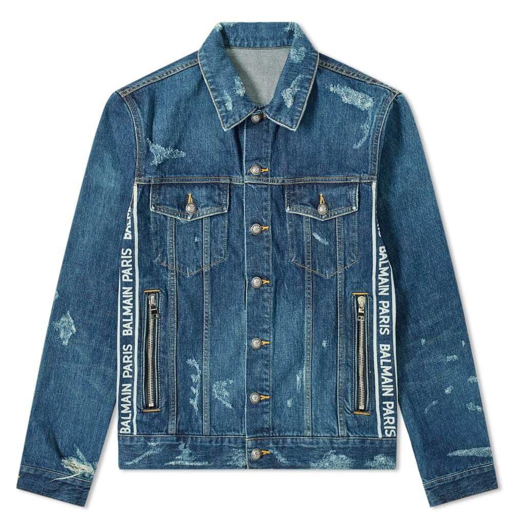 Balmain Taped Logo Distressed Denim Jacket Blue Balmain