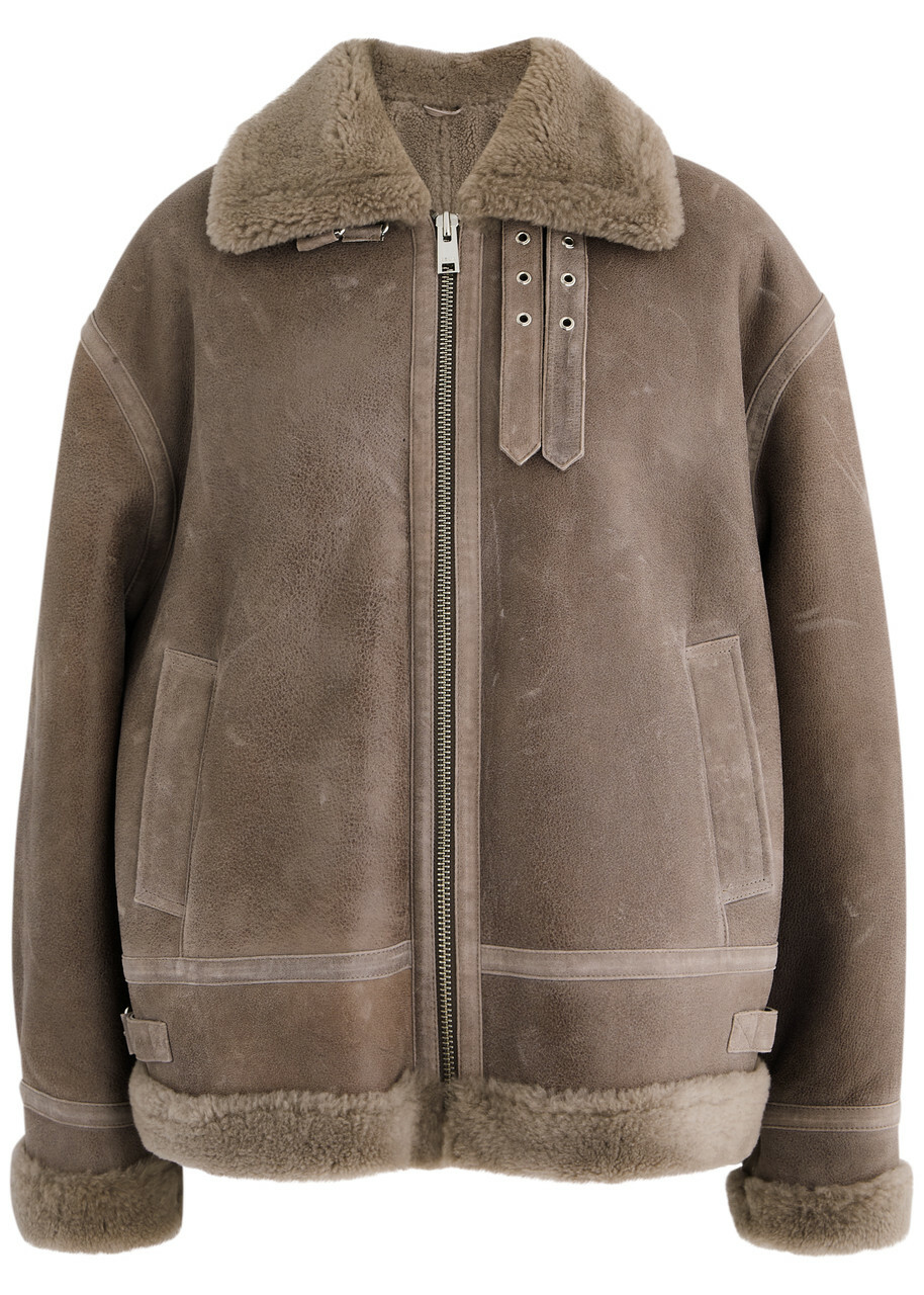 Arma Sona Shearling-trimmed Leather Aviator Jacket Taupe Armaf