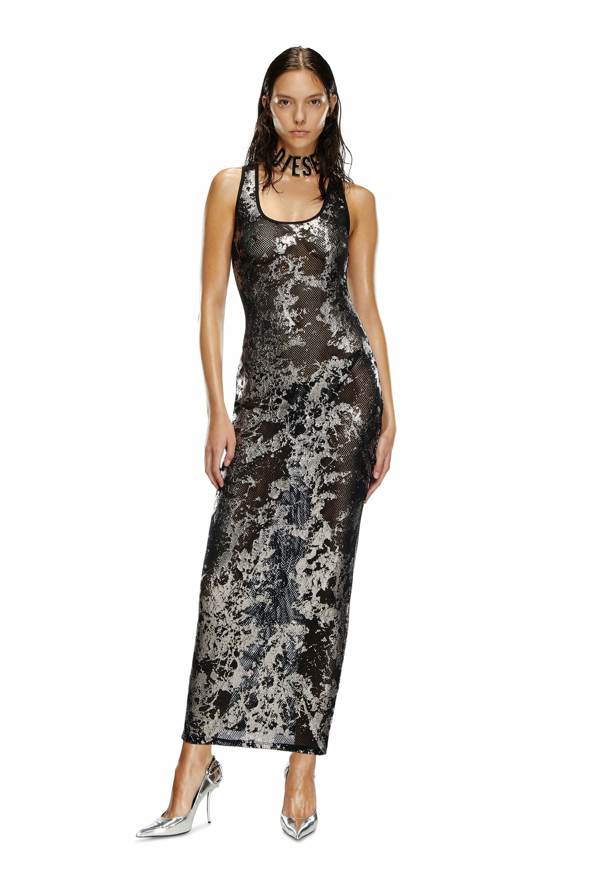 Diesel Long slip in foiled fishnet - Dresses Womens in Black Diesel