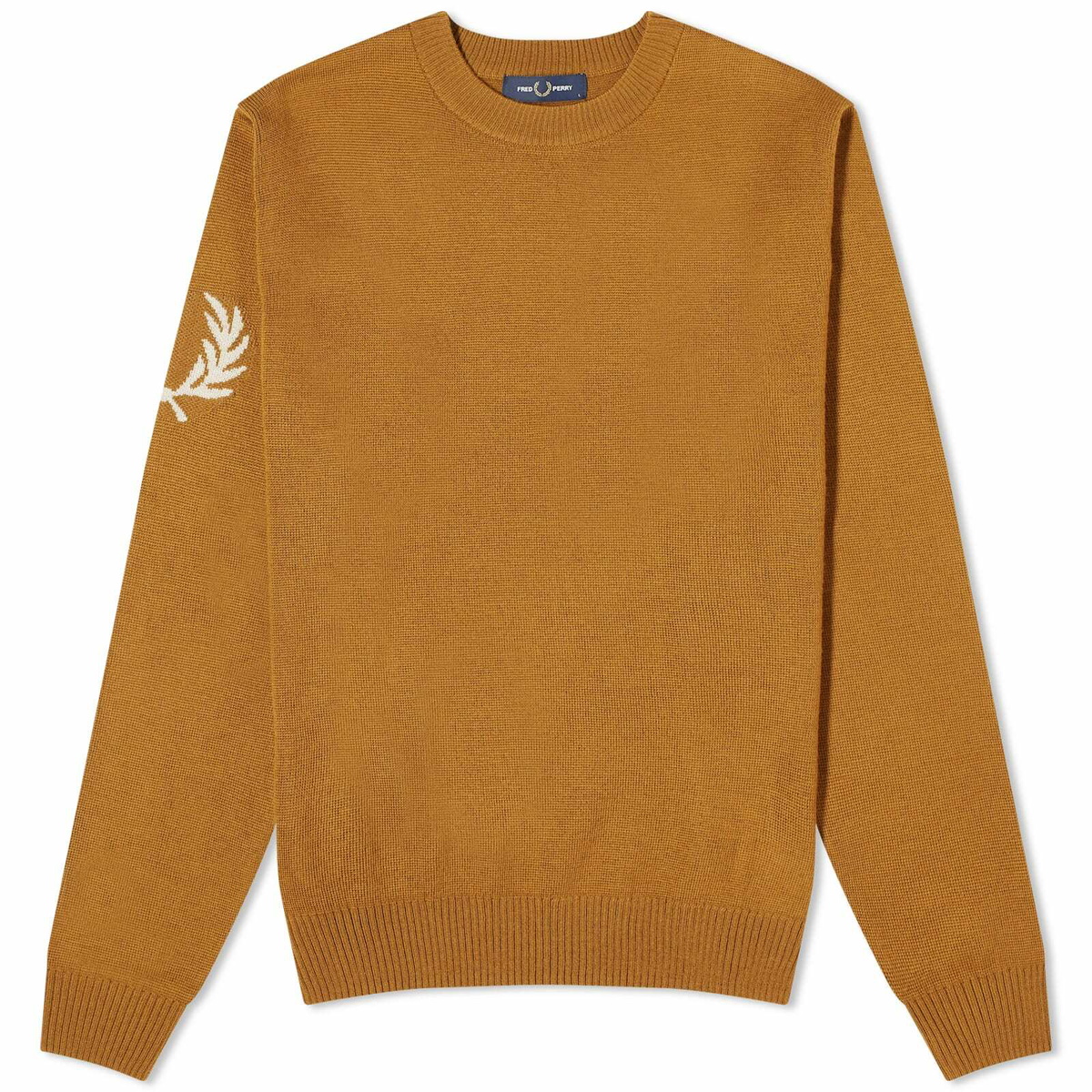 Fred Perry Men's Intarsia Laurel Wreath Crew Neck Knit in Dark Caramel ...
