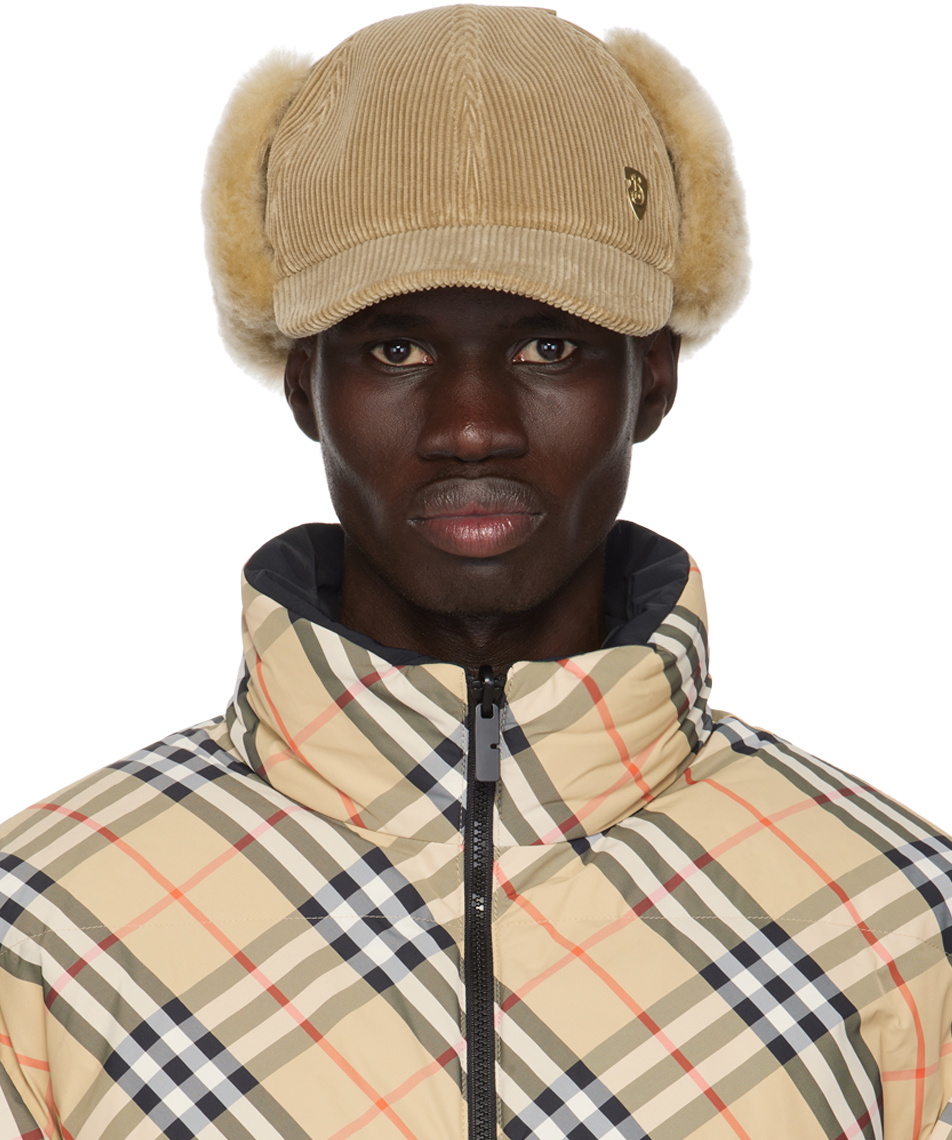 Burberry Beige Shearling Trim Corduroy Trapper Cap Burberry