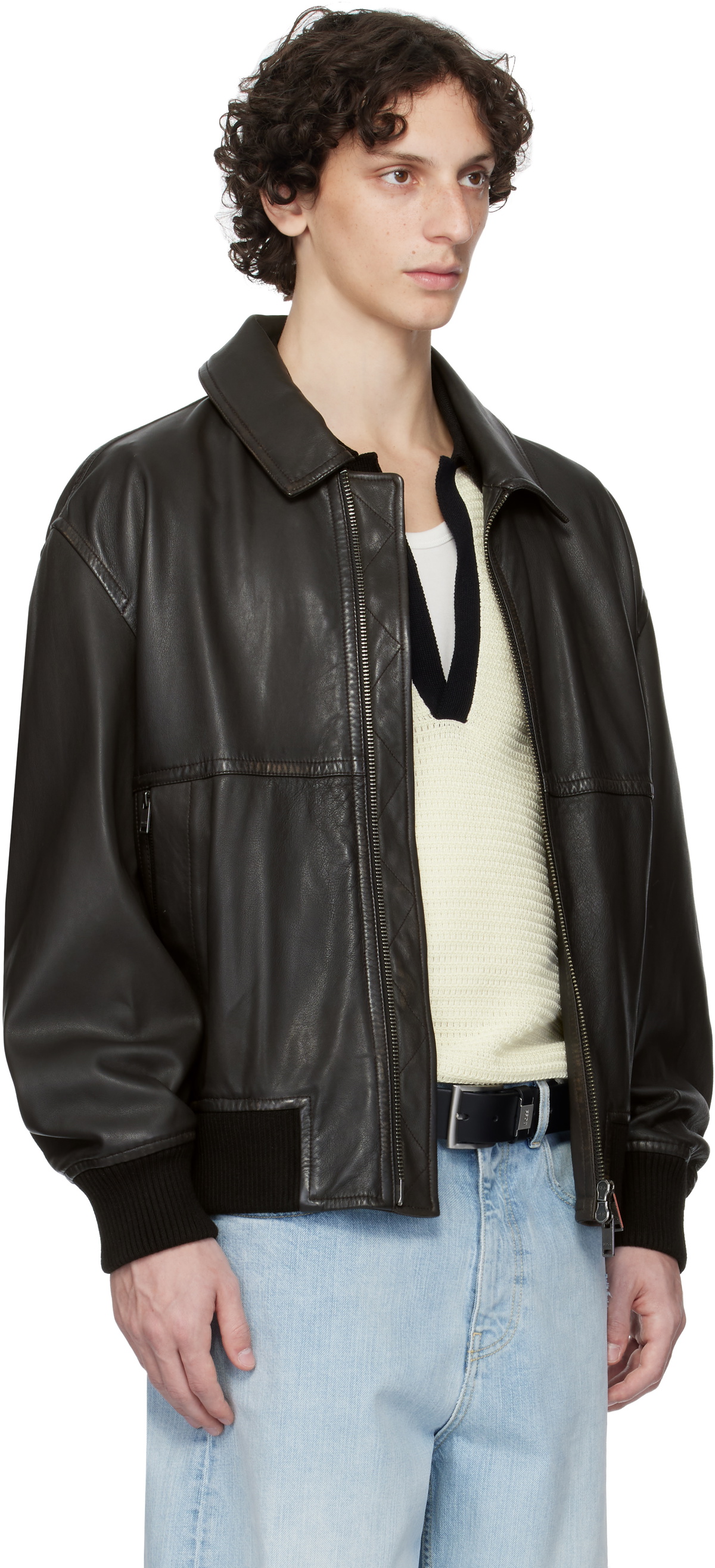 BOSS Brown Zip Leather Jacket BOSS