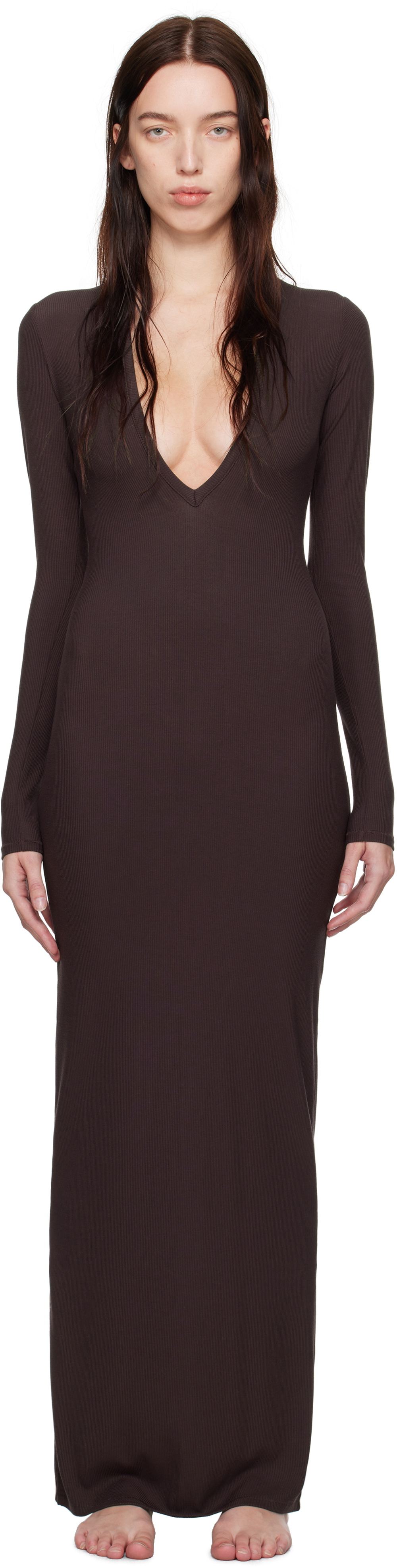 SKIMS Burgundy Soft Lounge Deep Plunge Maxi Dress SKIMS