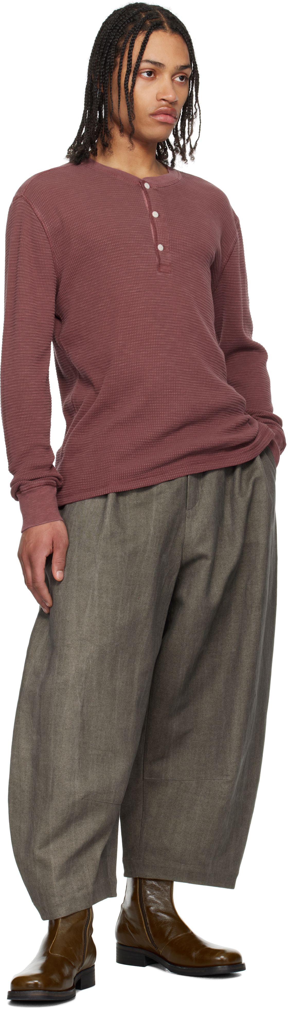 RRL Burgundy Garment-Dyed Waffle-Knit Henley RRL