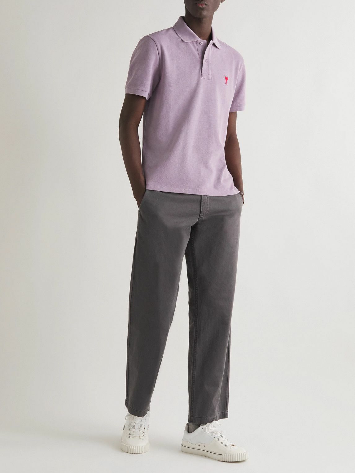 AMI PARIS - Logo-Embroidered Cotton-Piqué Polo Shirt - Purple AMI