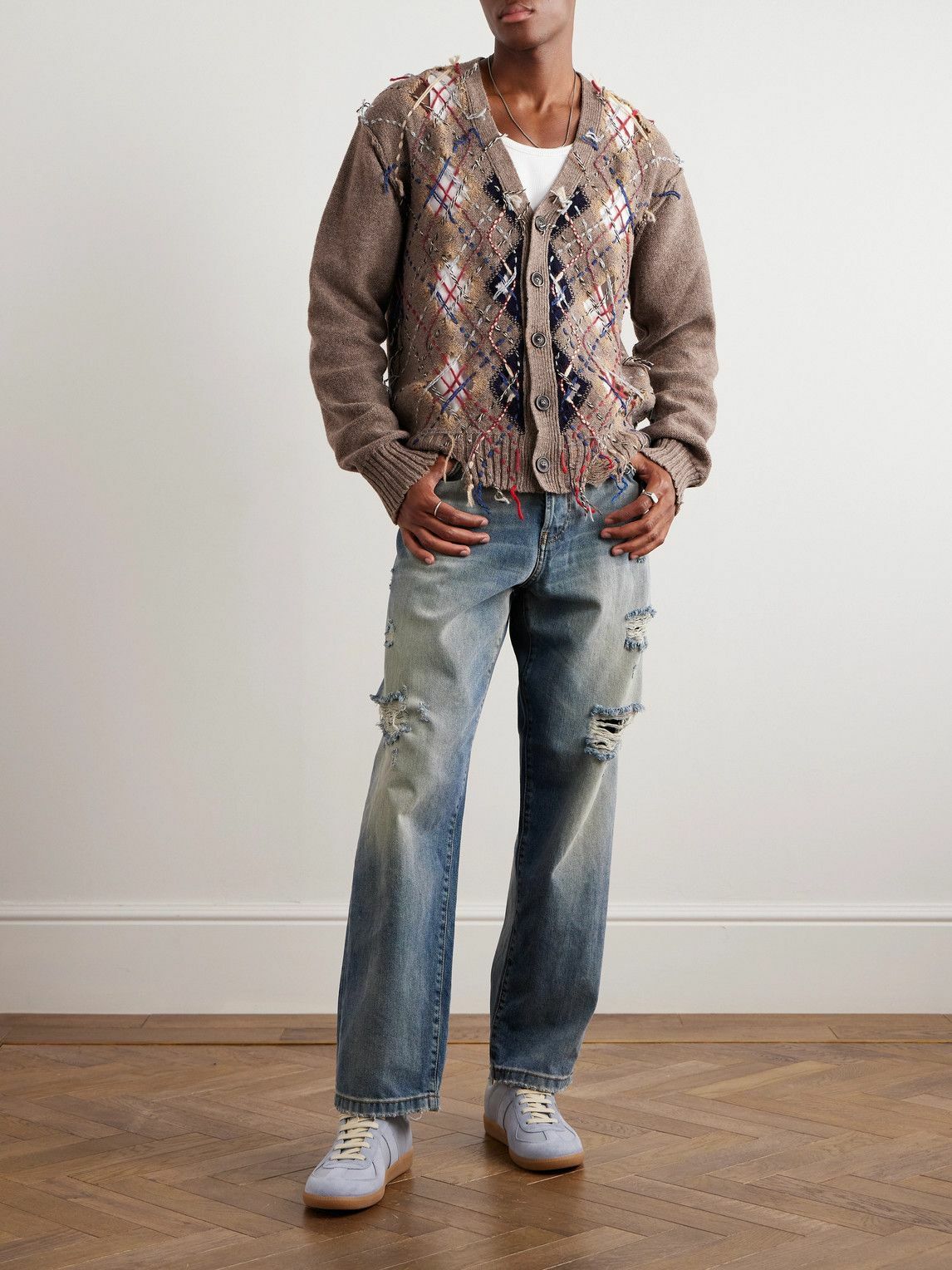 Maison Margiela - Distressed Embroidered Argyle Wool-Blend Cardigan ...