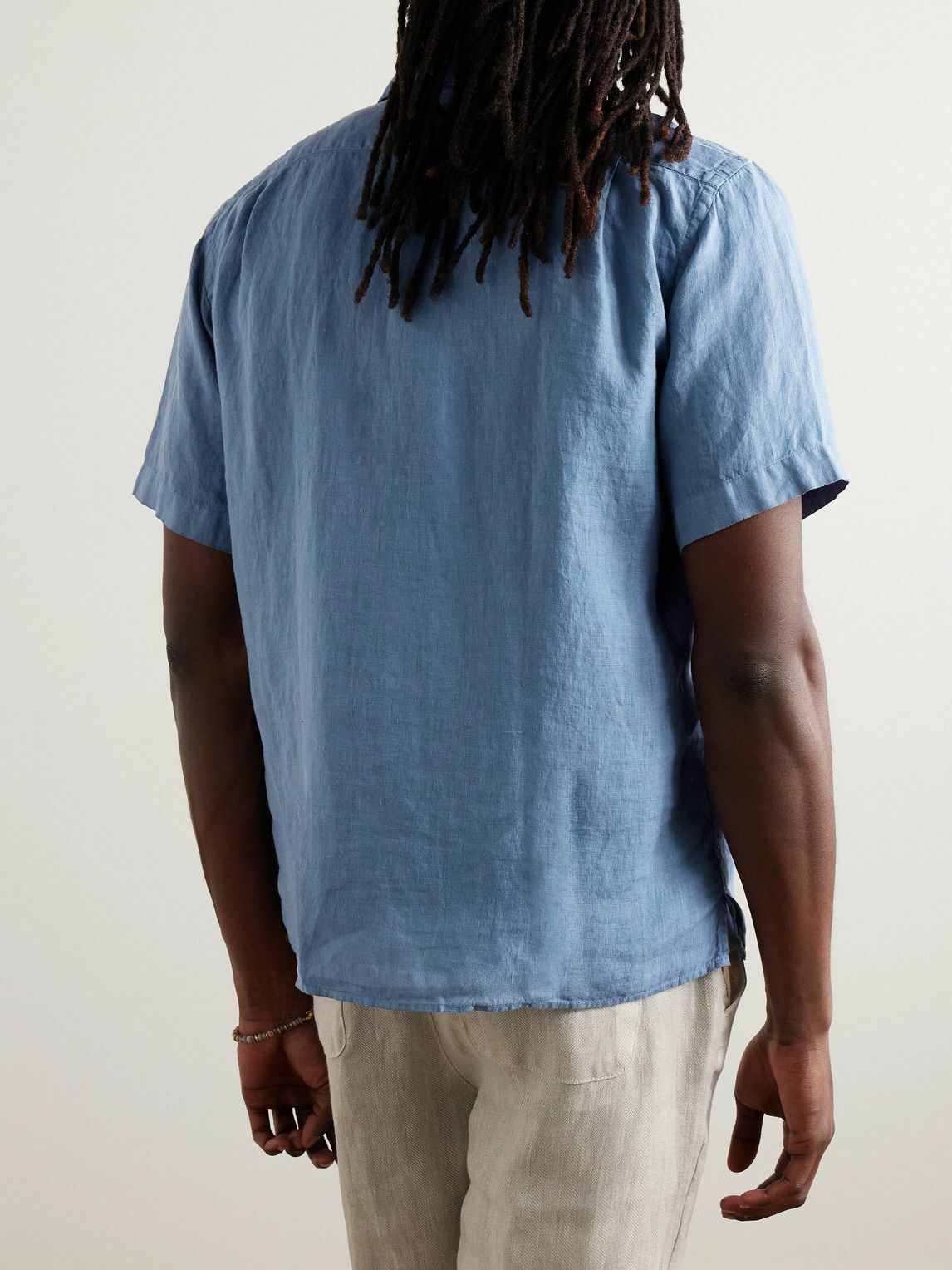Hartford - Palm Mc Pat Convertible-Collar Linen Shirt - Blue Hartford