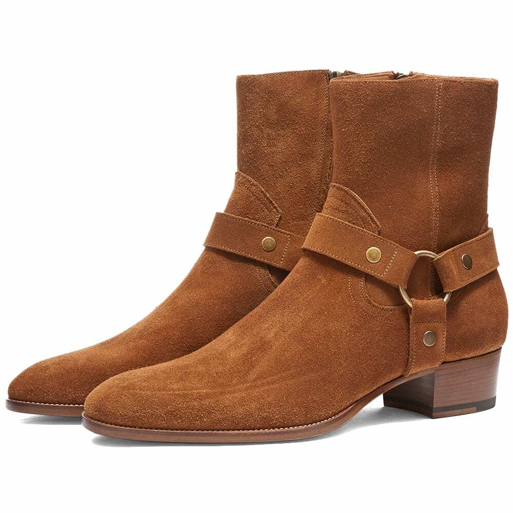 Saint Laurent Men's Wyatt Harness Suede Boot in Light Brown Saint Laurent