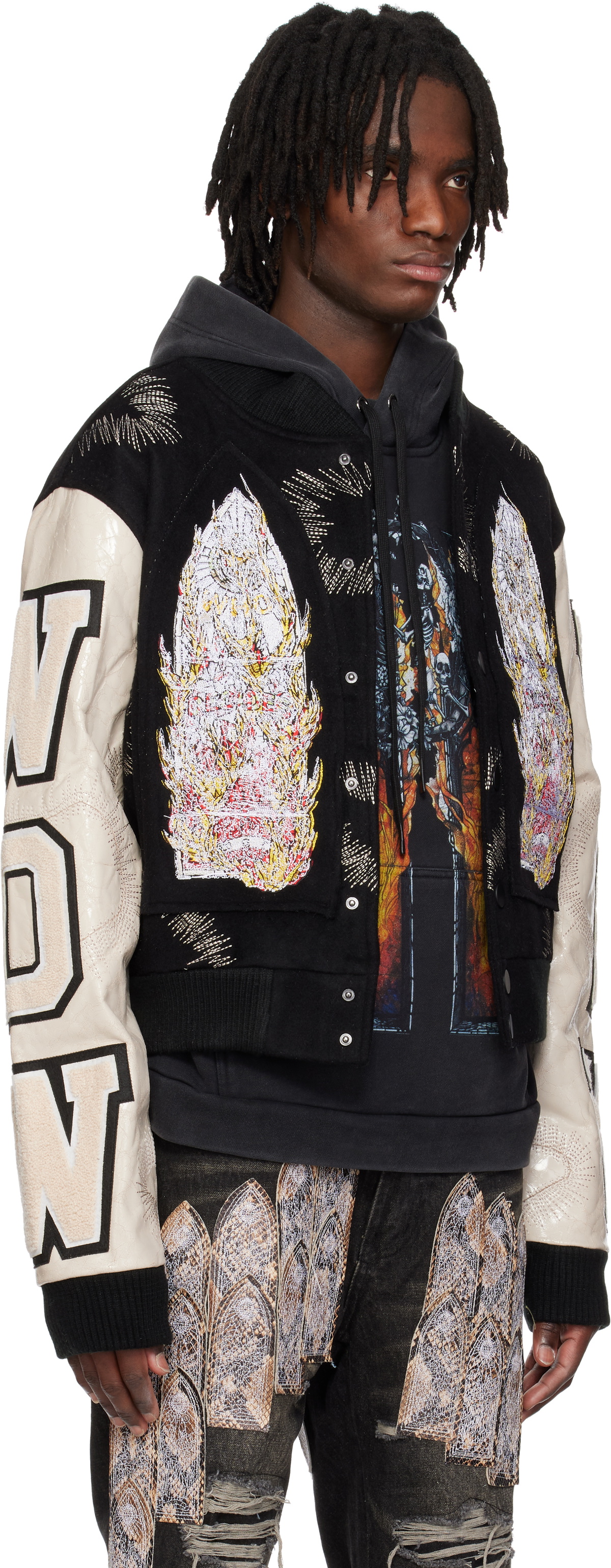 Who Decides War Black & Off-White Namesake Varsity Bomber Jacket WHO ...