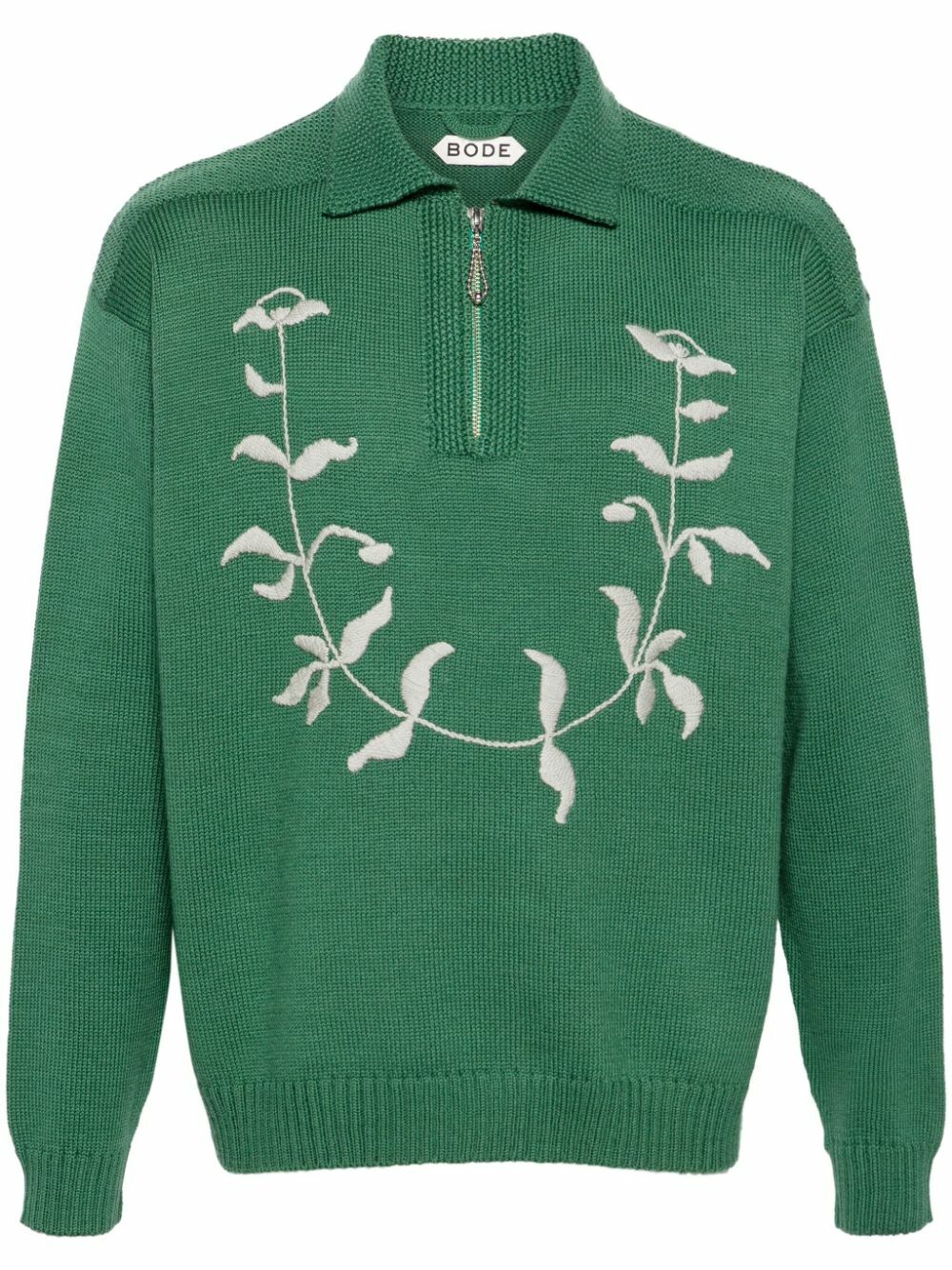 BODE Green Floral Jacquard Detail Half-Zip Jumper Bode