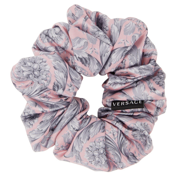 Versace Pink and Grey Silk Barocco Scrunchie Versace