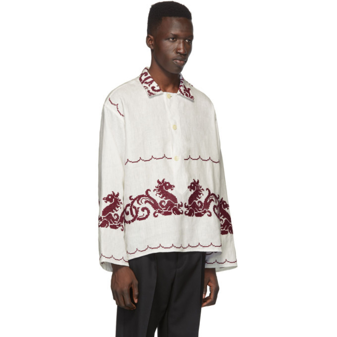 Bode White and Burgundy Dragon Scene Embroidery Shirt Bode