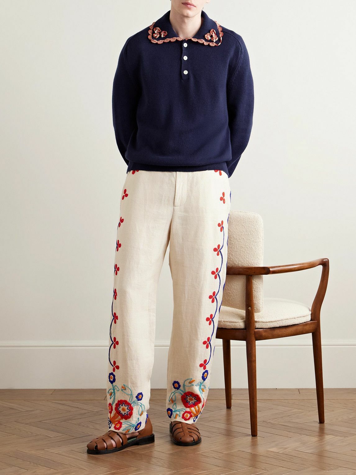 BODE - Rookie Appliquéd Embellished Wool and Cashmere-Blend Polo Shirt - Blue Bode