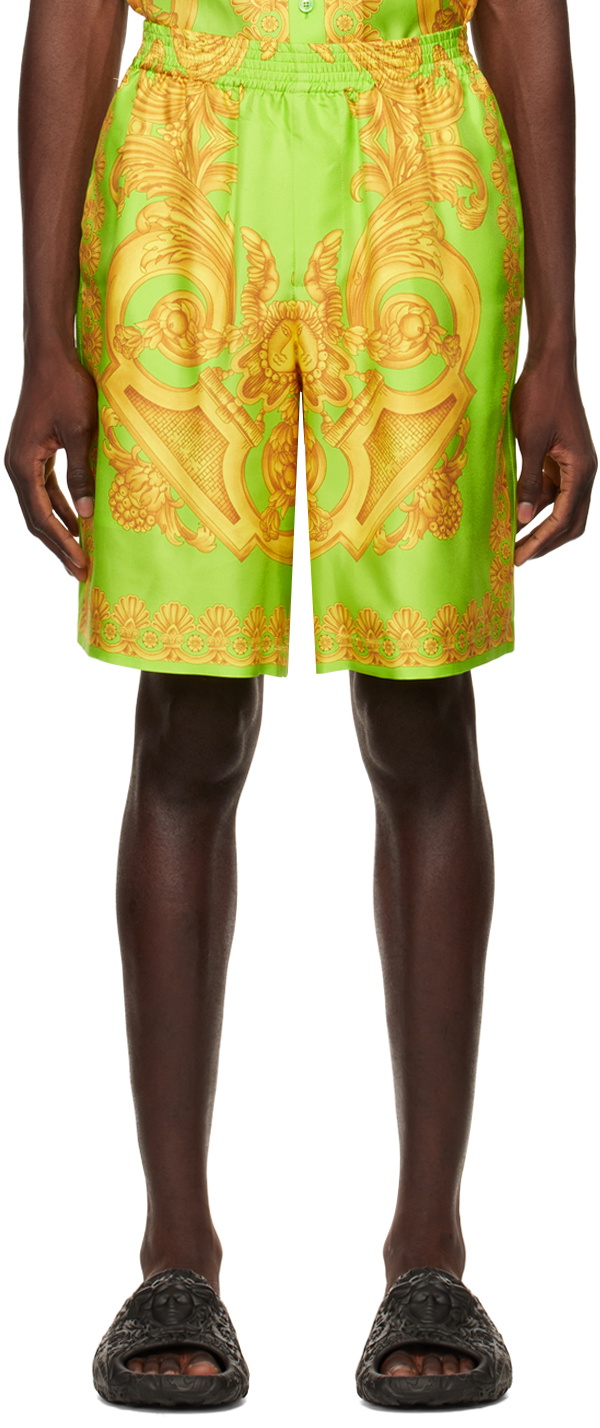 Versace Green & Gold Barocco Shorts Versace