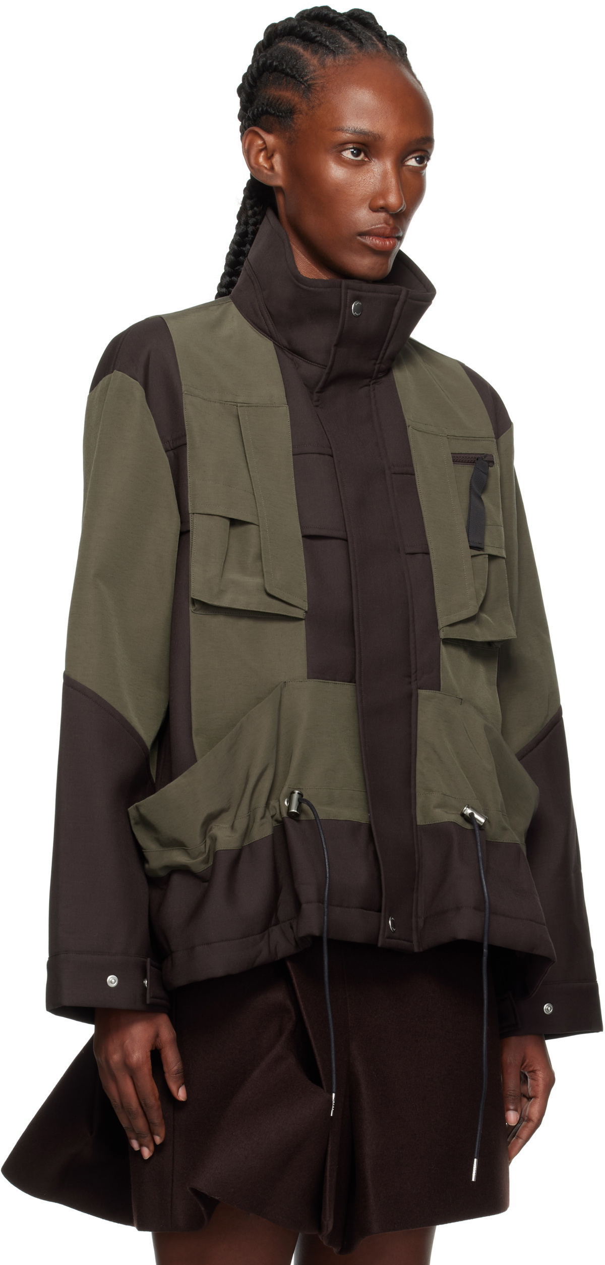 sacai Brown & Khaki Suiting Bonding x Grosgrain Jacket Sacai