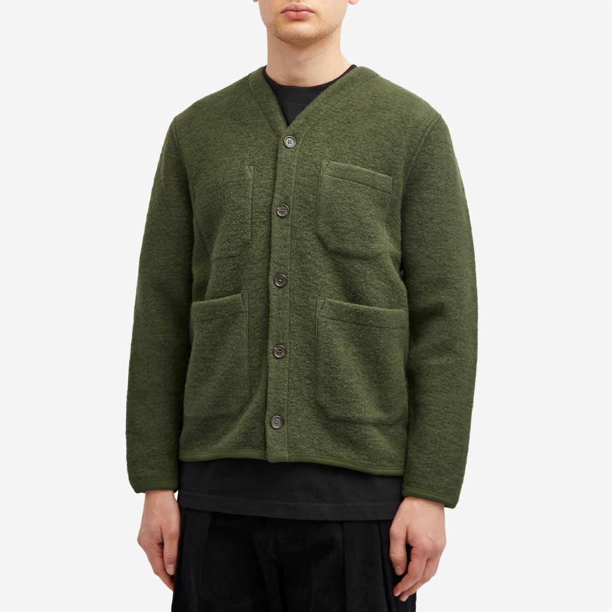 Universal Works Men's Wool Fleece Cardigan in Olive Universal Works