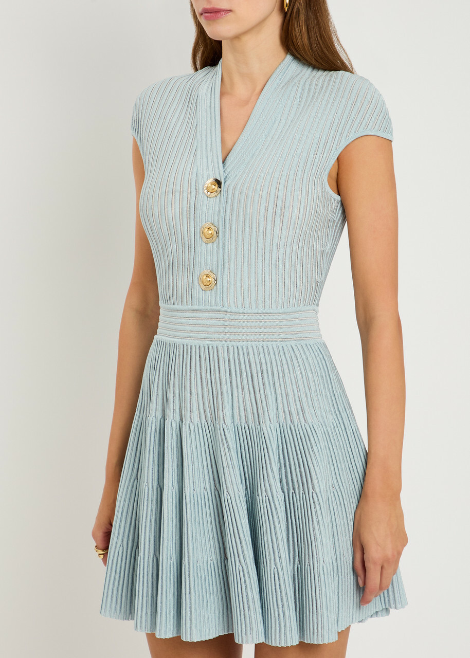 Balmain Textured Knit Mini Dress Blue And White Balmain