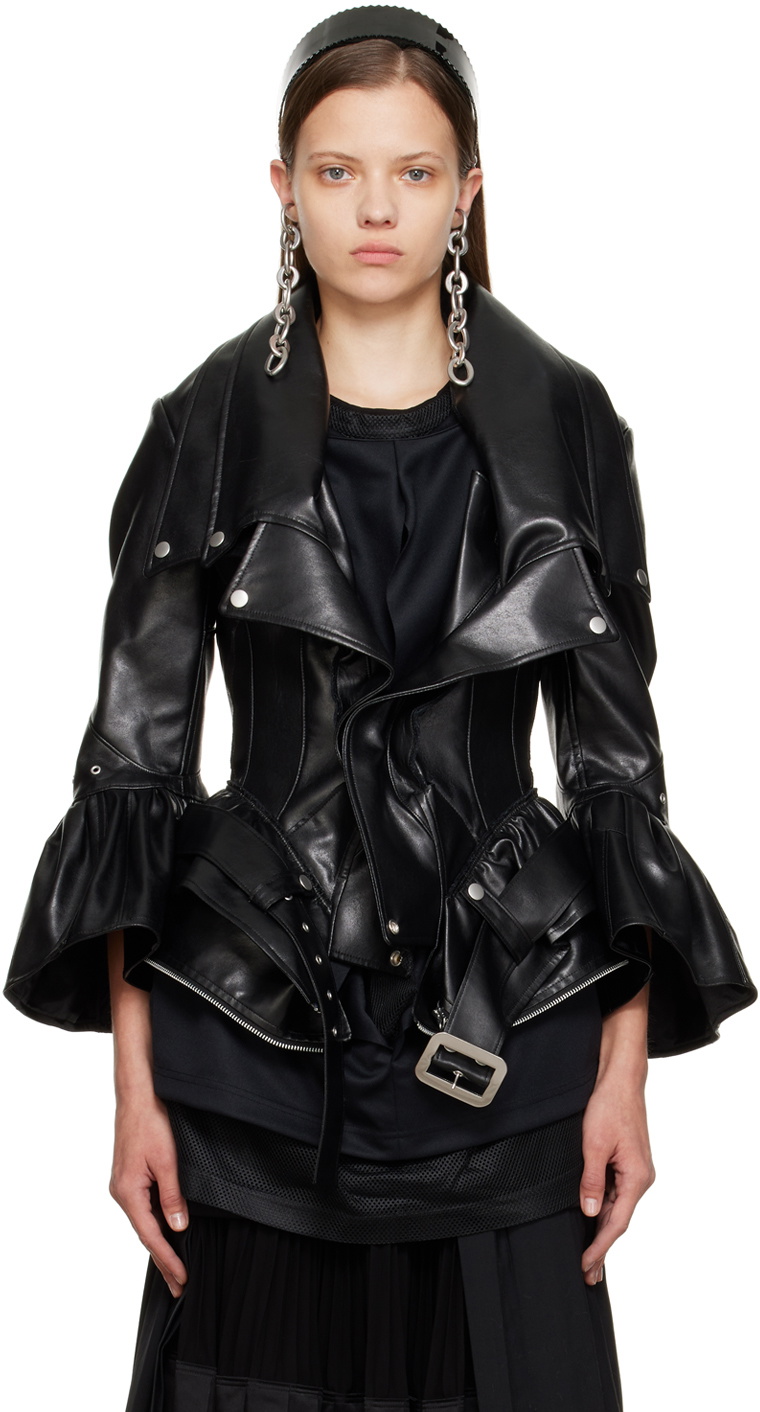 Junya Watanabe Black Peplum Biker Faux-Leather Jacket Junya Watanabe