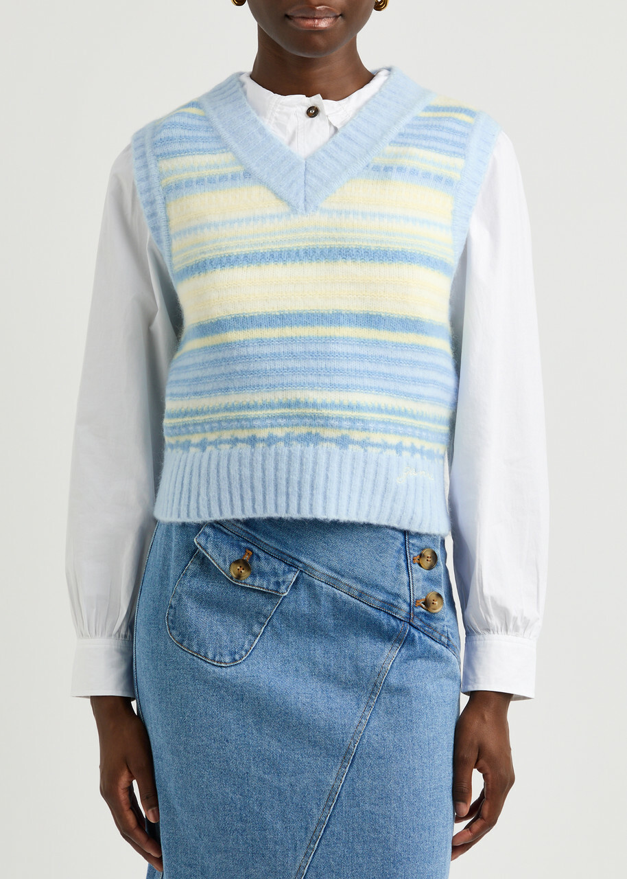 Ganni Striped Wool-blend Vest Light Blue GANNI