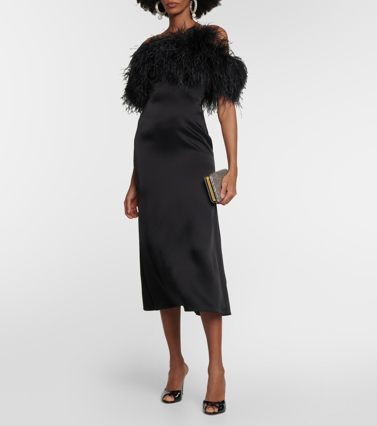 David Koma Feather-trimmed satin midi dress David Koma