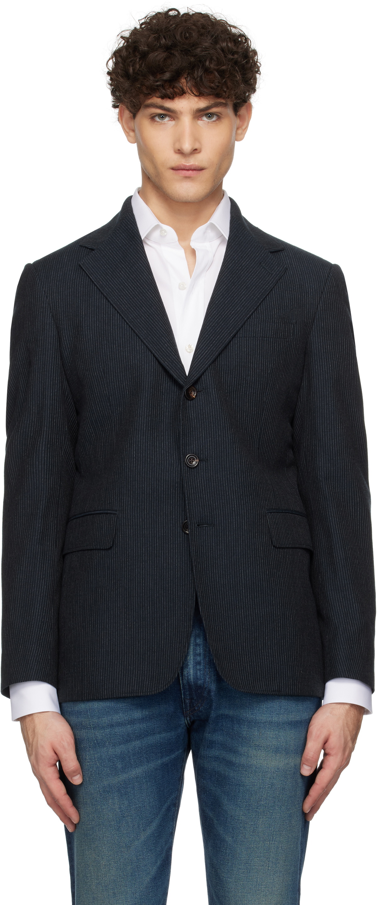 RRL Navy Striped Herringbone Blazer RRL