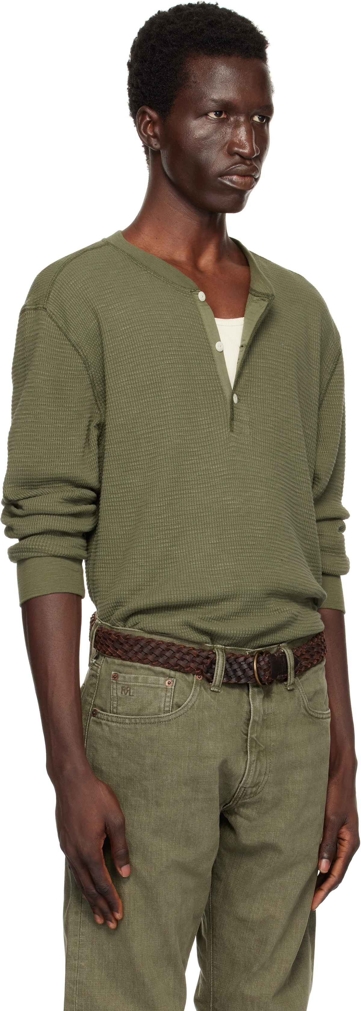 RRL Khaki Garment-Dyed Henley RRL