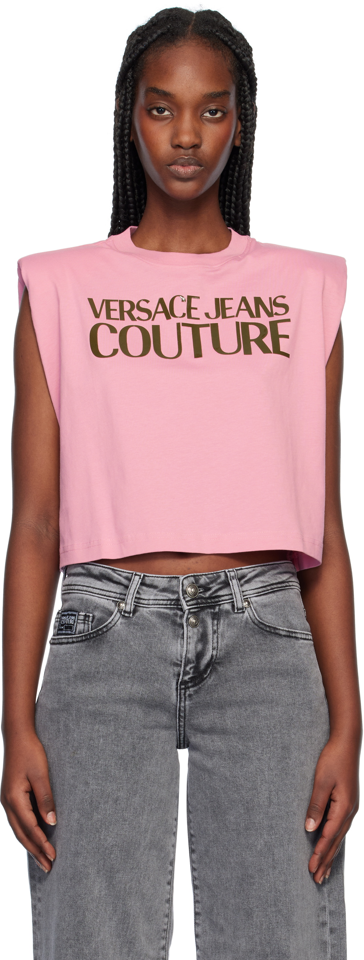 Versace Jeans Couture Pink Logo Crop Tank Top Versace