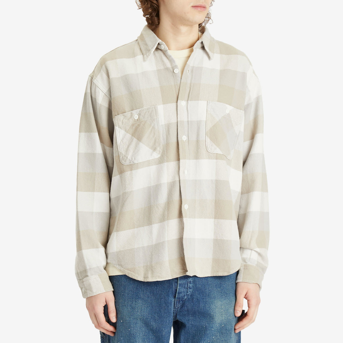 BEAMS Men's Flannel Plaid Shirt in Beige Beams Boy