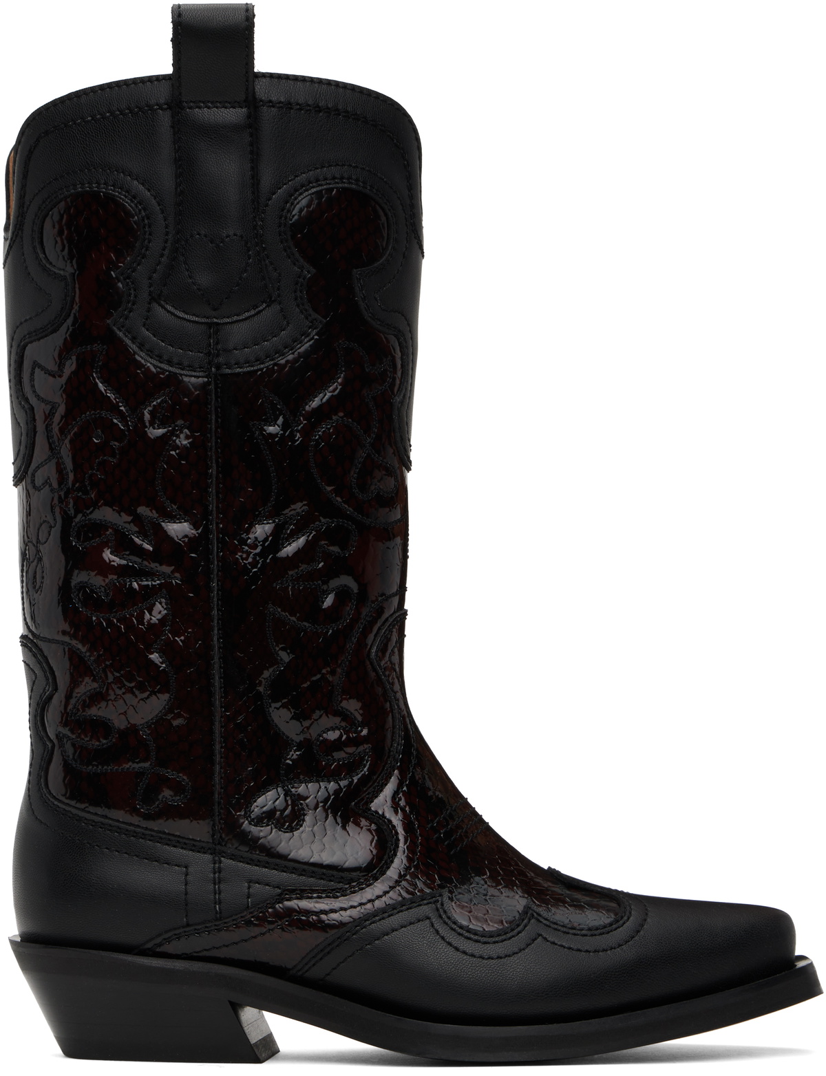 GANNI Burgundy & Black Mid Shaft Embroidered Western Boots GANNI