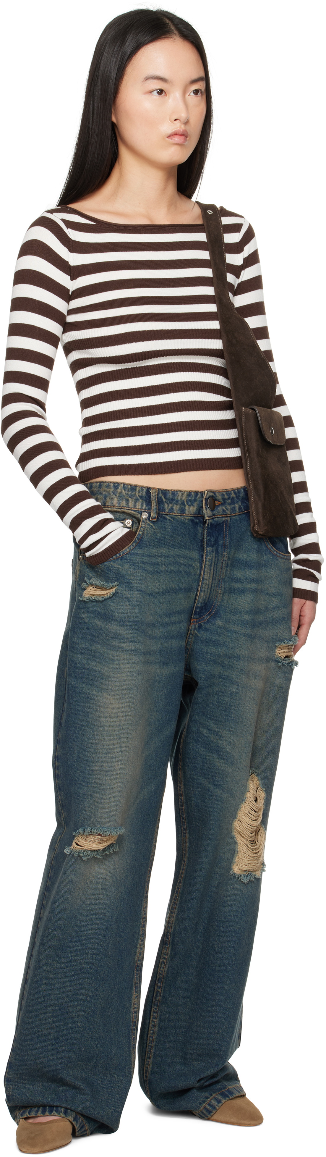 Frankies Bikinis Brown & Off-White Theo Striped Knit Sweater Frankies ...