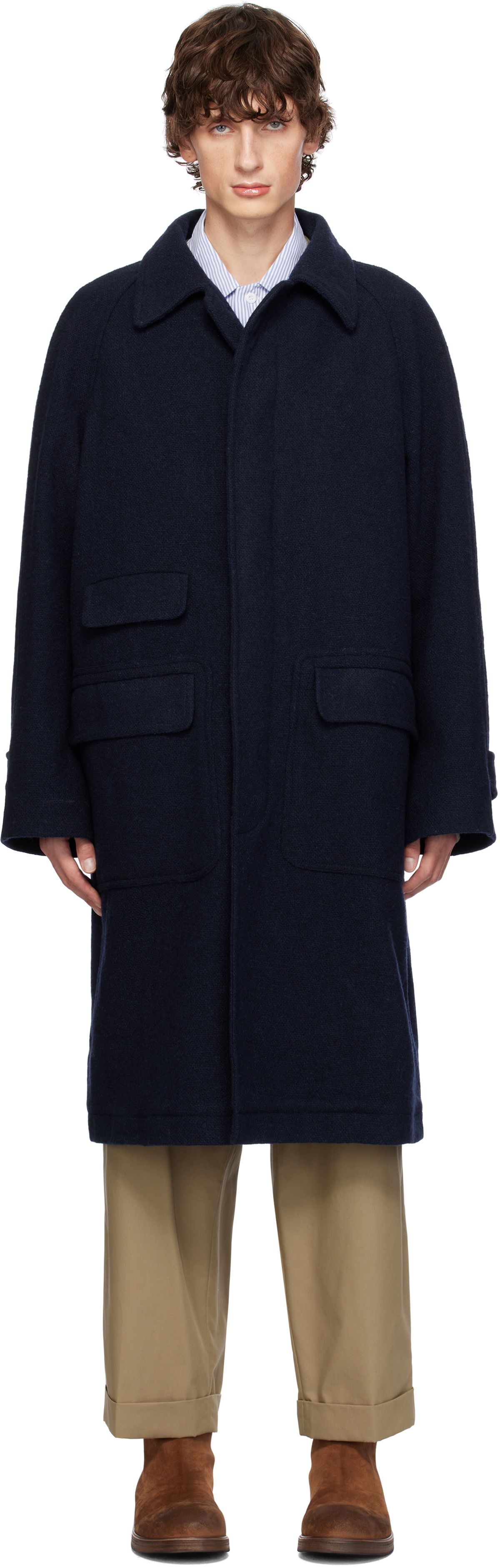 Drake's Navy Wool Raglan Coat Drake's