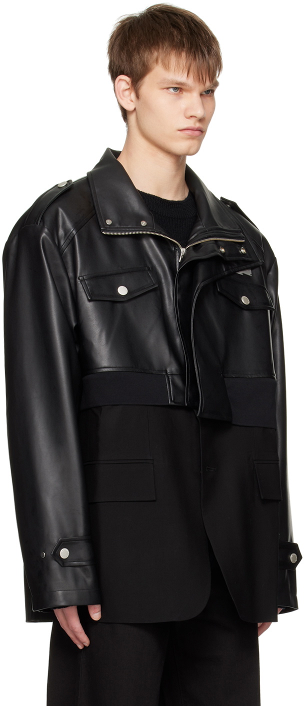 Feng Chen Wang Black Detachable Faux-Leather Jacket Feng Chen Wang