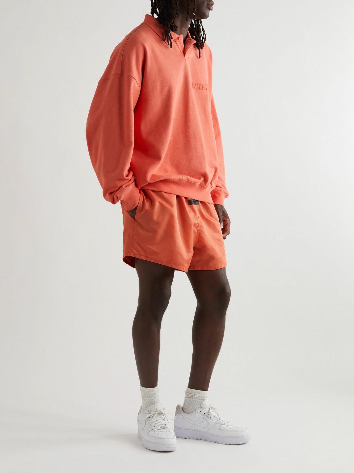 FEAR OF GOD ESSENTIALS - Wide-Leg Logo-Flocked Shell Drawstring Shorts ...