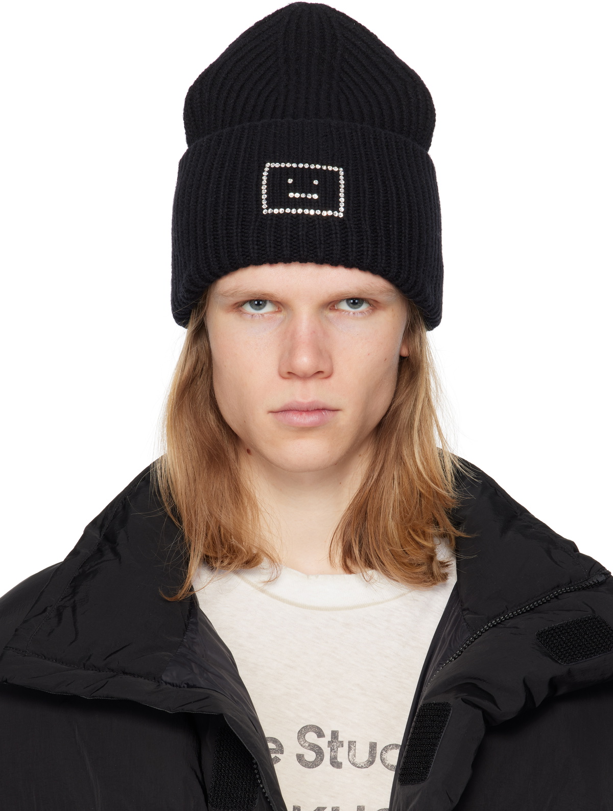 Acne Studios Black Embellished Face Logo Beanie Acne Studios