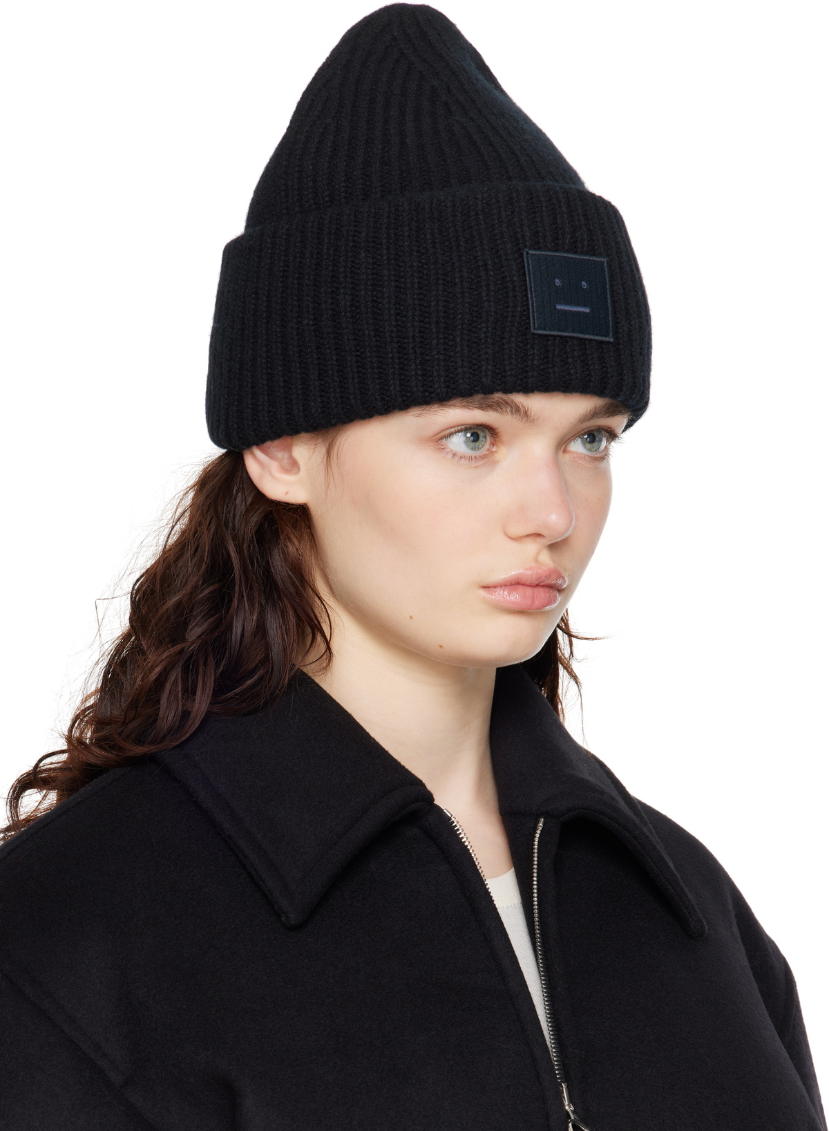 Acne Studios Black Large Face Logo Beanie Acne Studios