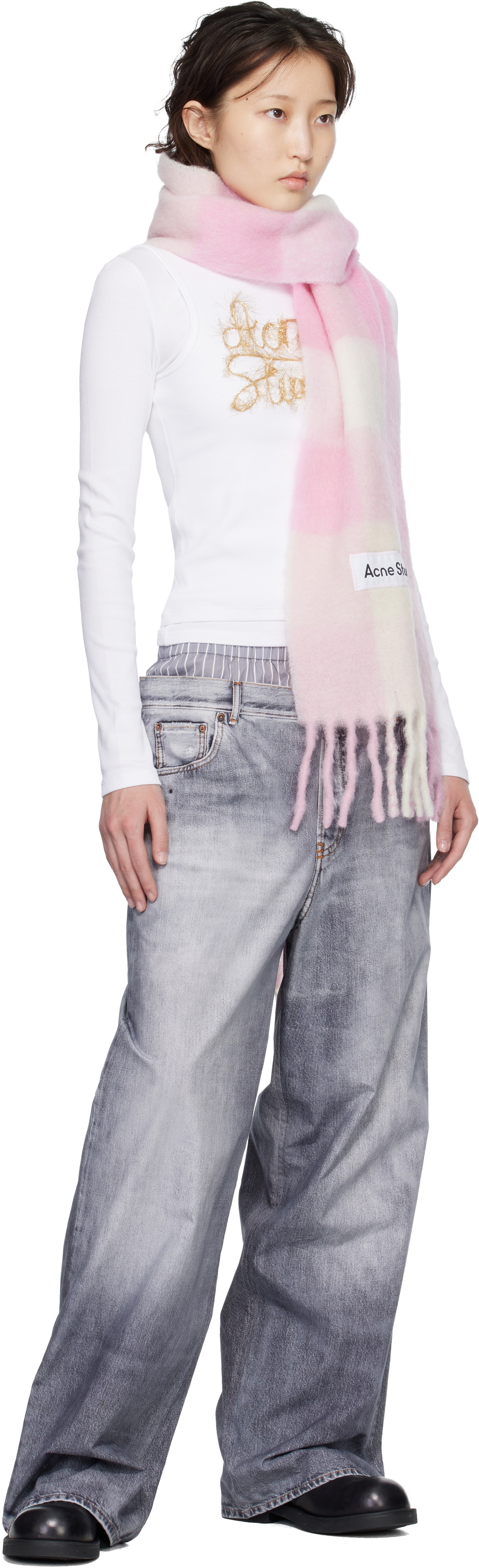 Acne Studios Pink Mohair Checked Scarf Acne Studios