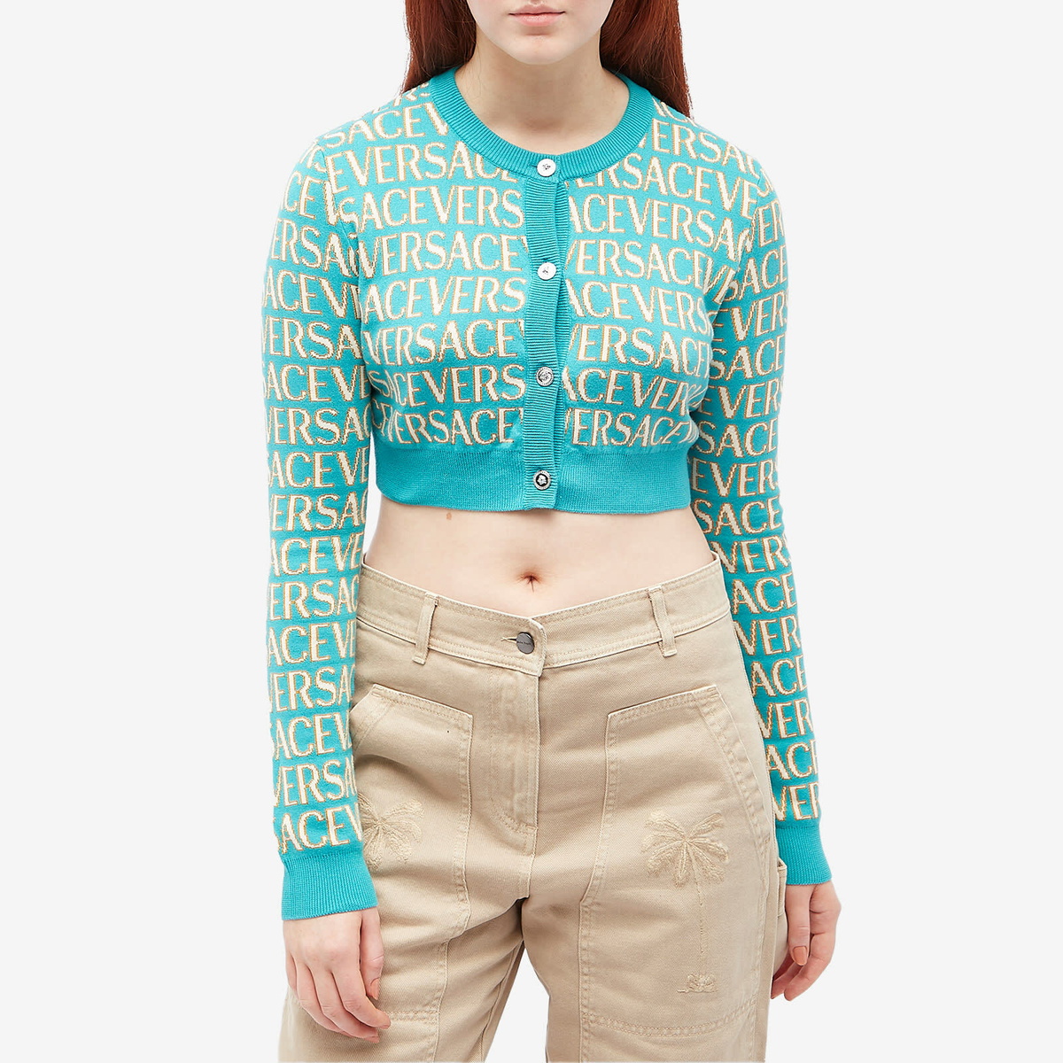 Versace Women's Logo Cropped Knit Cardigan in Blue Versace