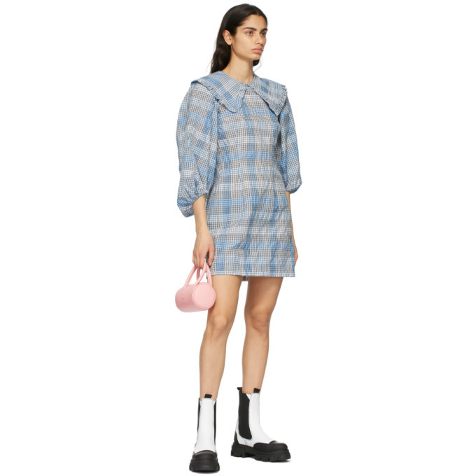 GANNI Blue Seersucker Check Mini Dress GANNI