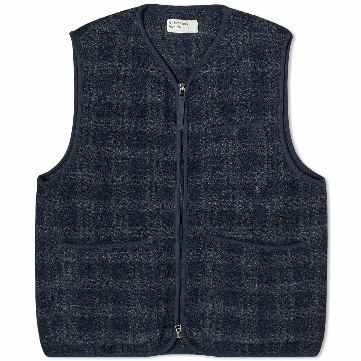Universal Works Men's Check Wool Fleece Zip Gilet in Navy Universal Works