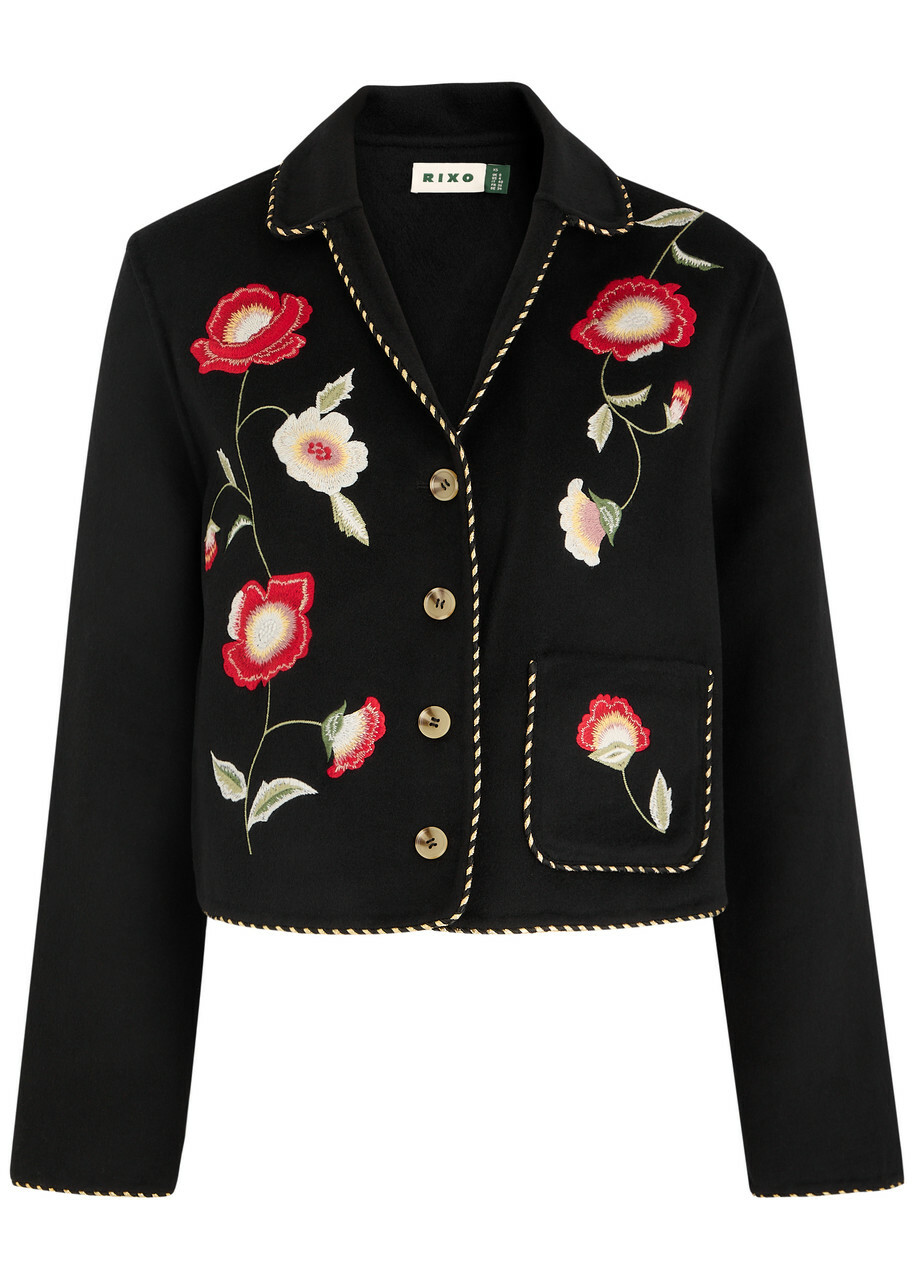 Rixo Sunday Floral-embroidered Wool-blend Jacket Black Rixo