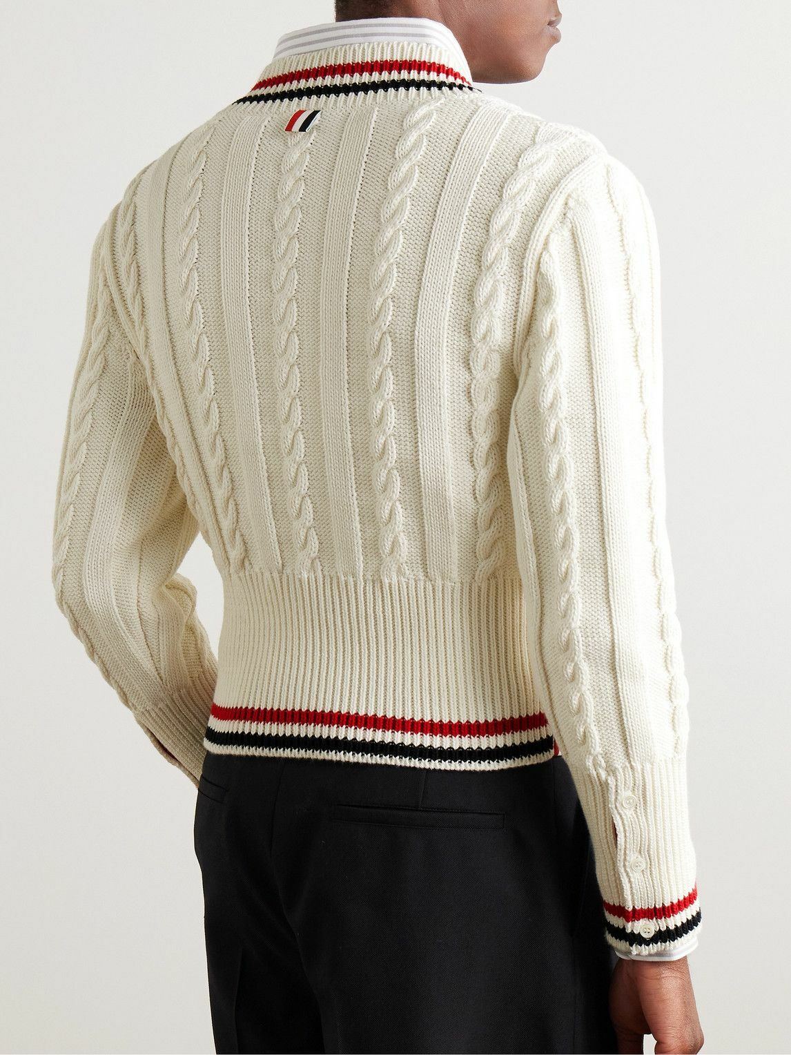 Thom Browne - Slim-Fit Cropped Striped Cable-Knit Cotton Sweater - White Thom Browne