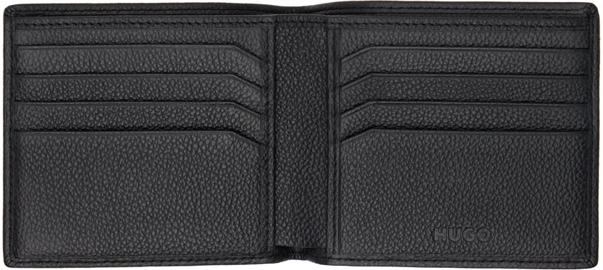 Hugo Black Leather Stacked Logo Chain Pattern Wallet Hugo Boss