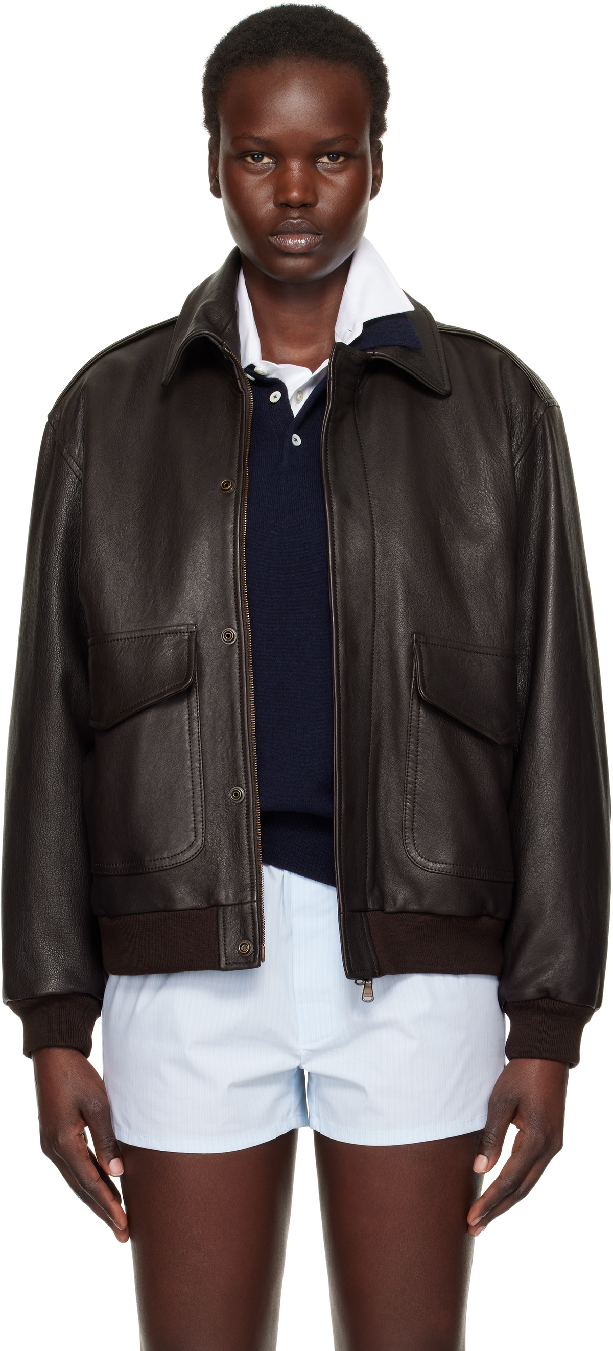 HommeGirls Brown Oversized Leather Bomber Jacket Hommegirls